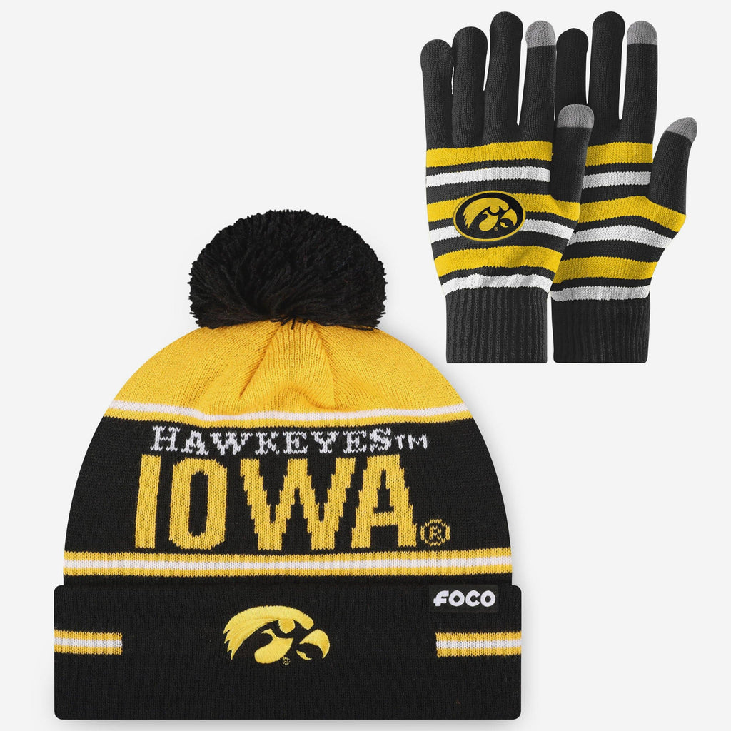 Iowa Hawkeyes Stretch Glove & Big Wordmark Stripe Pom Beanie Set FOCO