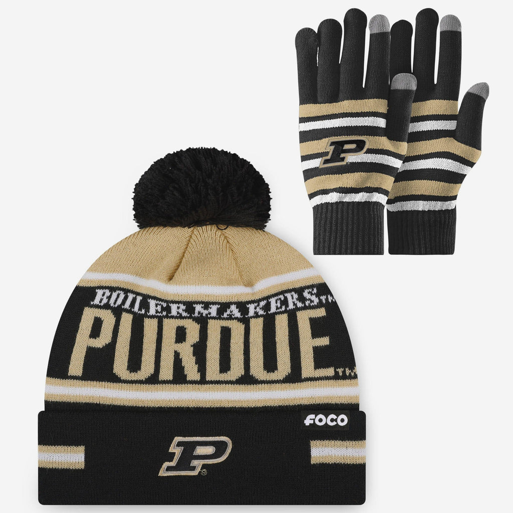 Purdue Boilermakers Stretch Glove & Big Wordmark Stripe Pom Beanie Set FOCO