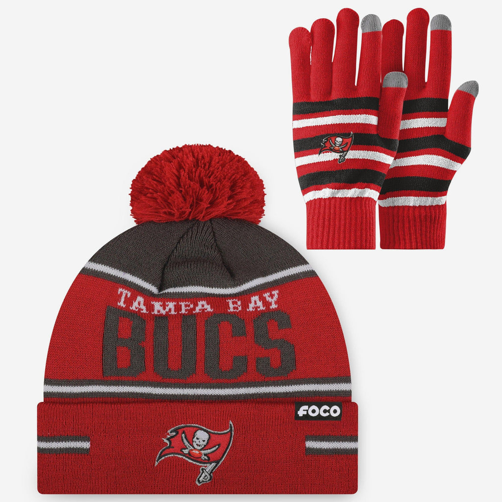 Tampa Bay Buccaneers Stretch Glove & Big Wordmark Stripe Pom Beanie Se FOCO