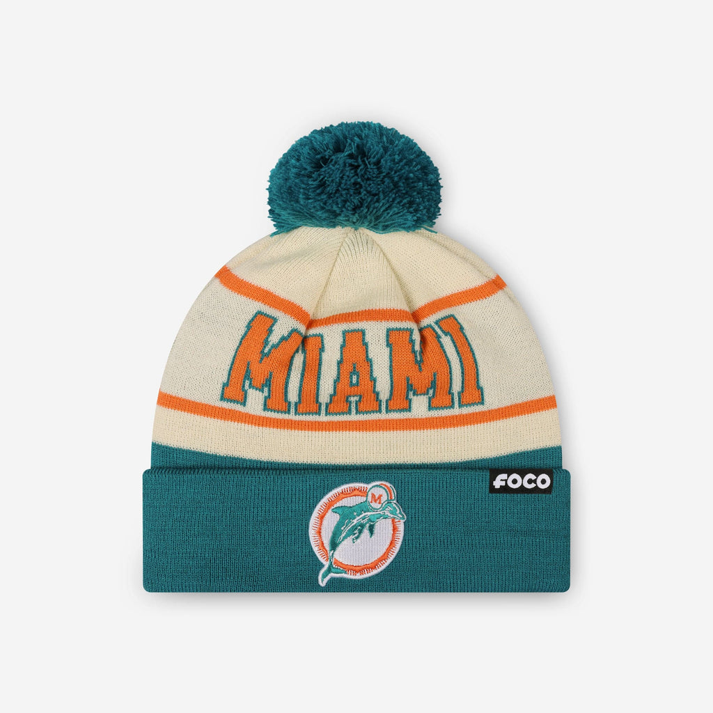 Miami Dolphins Heritage Stripe Retro Logo Pom Beanie FOCO