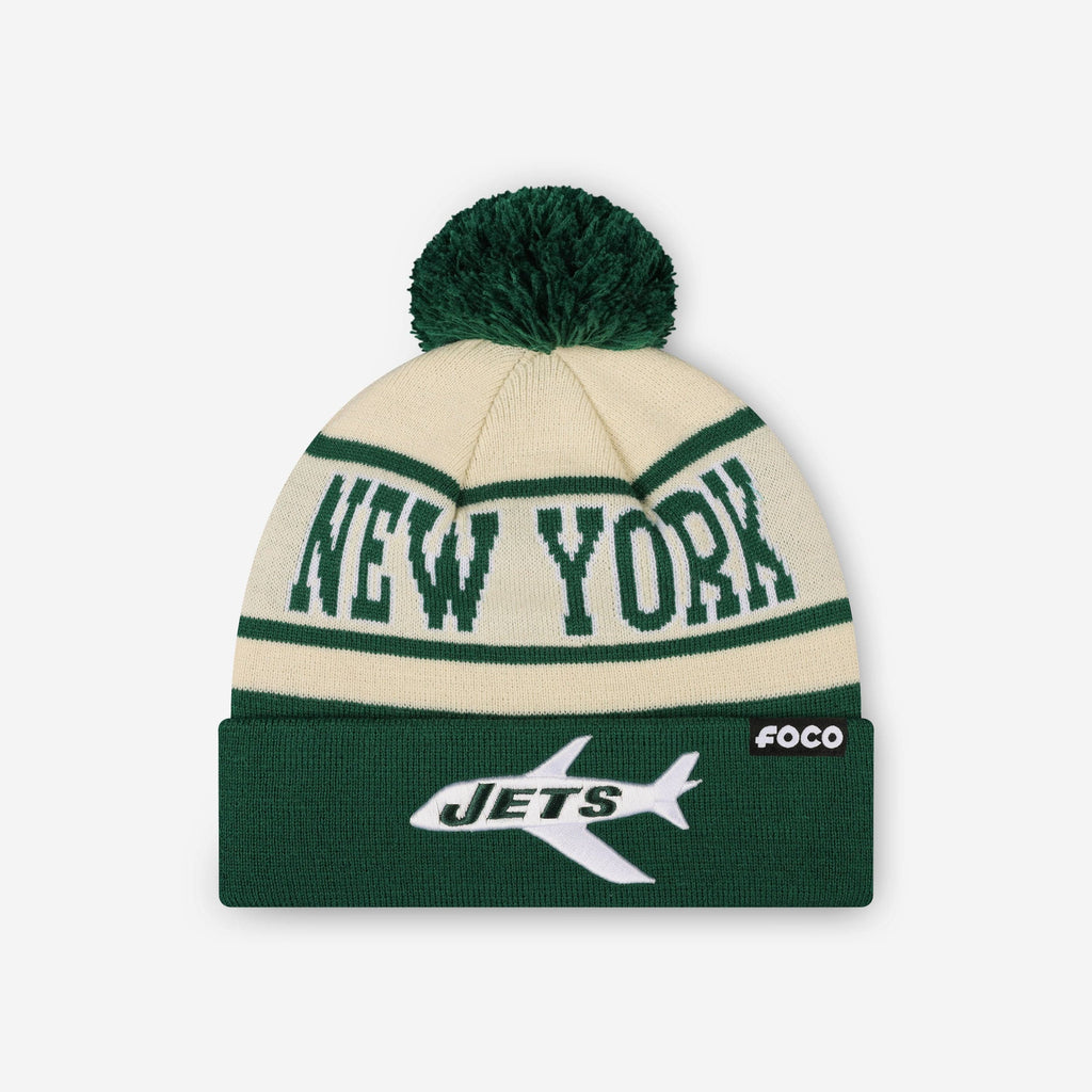 New York Jets Heritage Stripe Retro Logo Pom Beanie FOCO