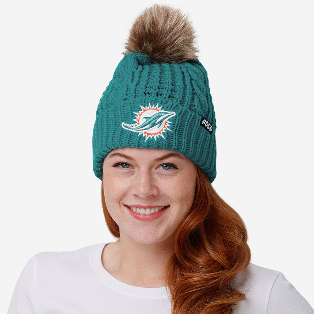 Miami Dolphins Womens Faux Fur Pom Beanie FOCO