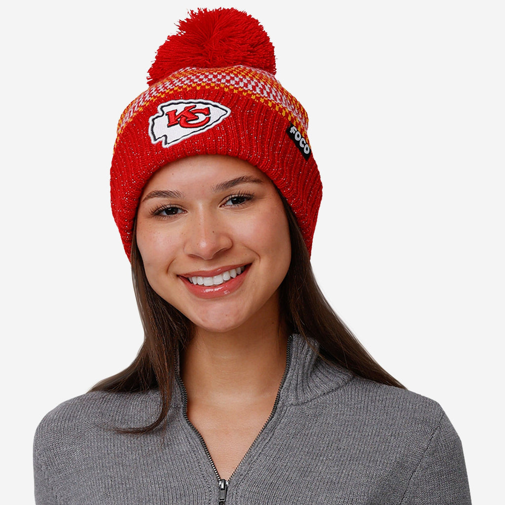 Kansas City Chiefs Womens Cozy Knit Metallic Thread Pom Beanie FOCO