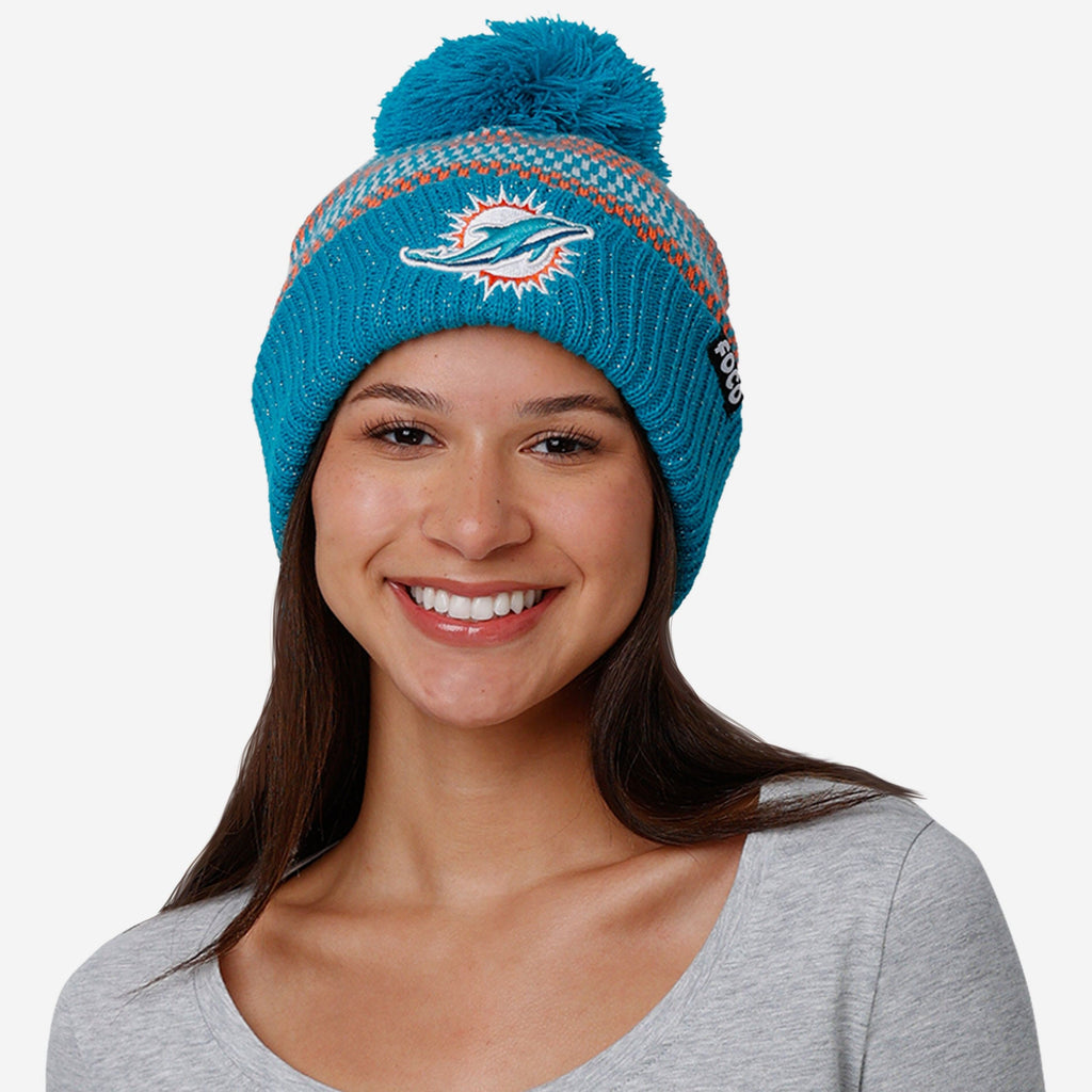 Miami Dolphins Womens Cozy Knit Metallic Thread Pom Beanie FOCO
