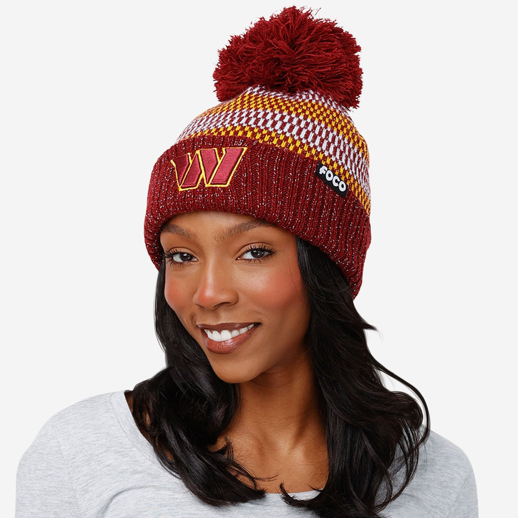 Washington Commanders Womens Cozy Knit Metallic Thread Pom Beanie FOCO
