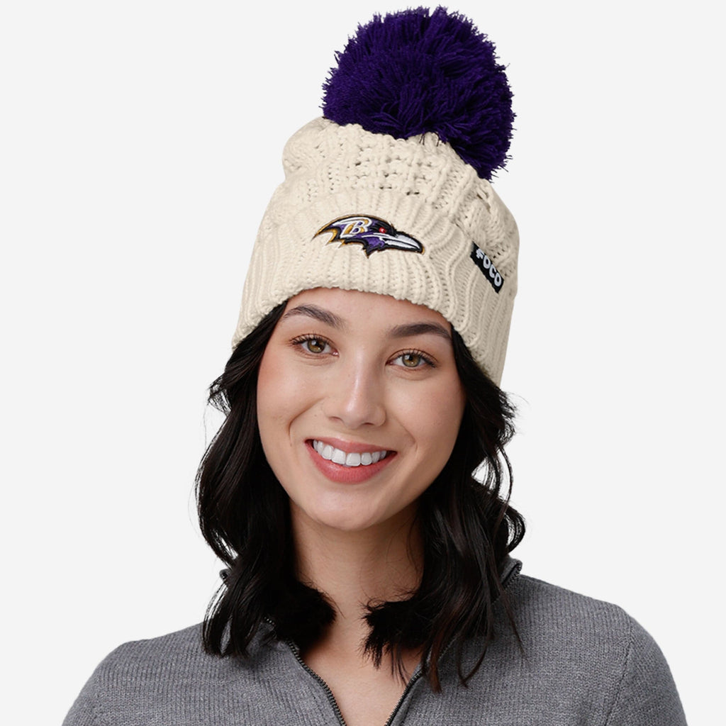 Baltimore Ravens Womens Primary Logo White Cable Knit Pom Beanie FOCO