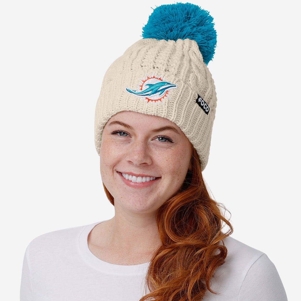 Miami Dolphins Womens Primary Logo White Cable Knit Pom Beanie FOCO