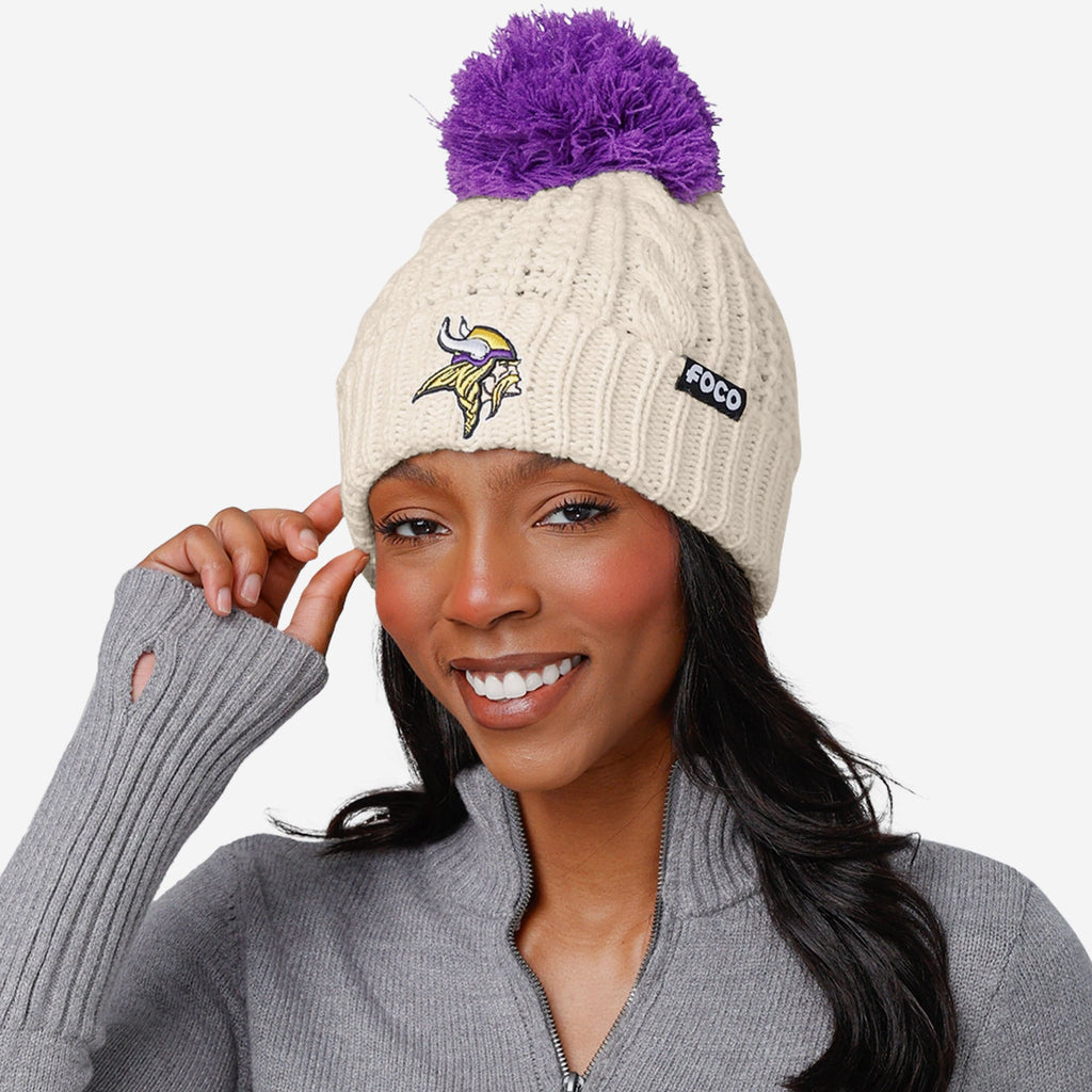Minnesota Vikings Womens Primary Logo White Cable Knit Pom Beanie FOCO