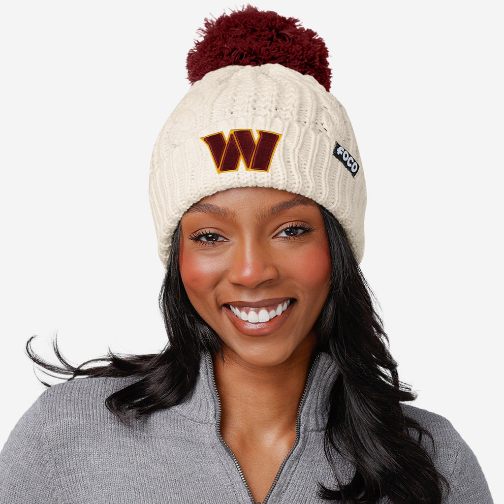 Washington Commanders Womens Primary Logo White Cable Knit Pom Beanie FOCO