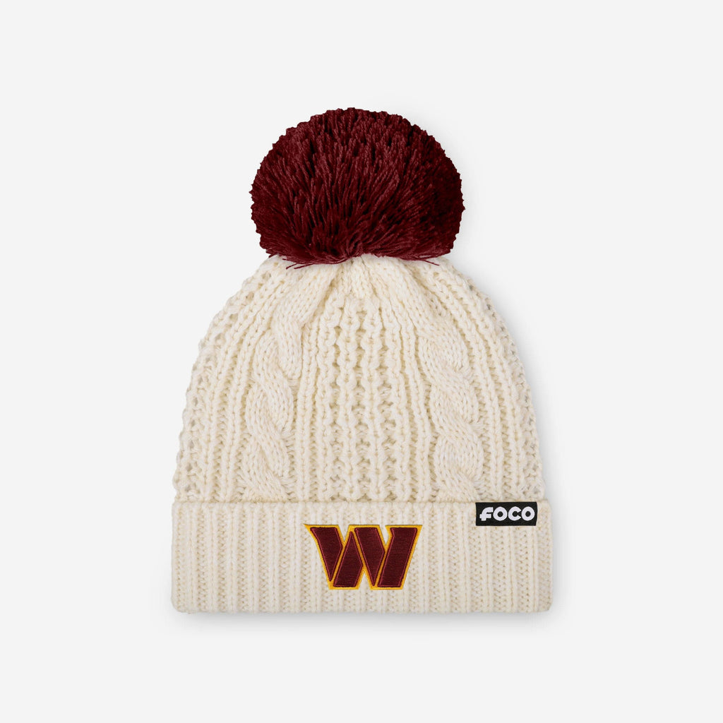 Washington Commanders Womens Primary Logo White Cable Knit Pom Beanie FOCO
