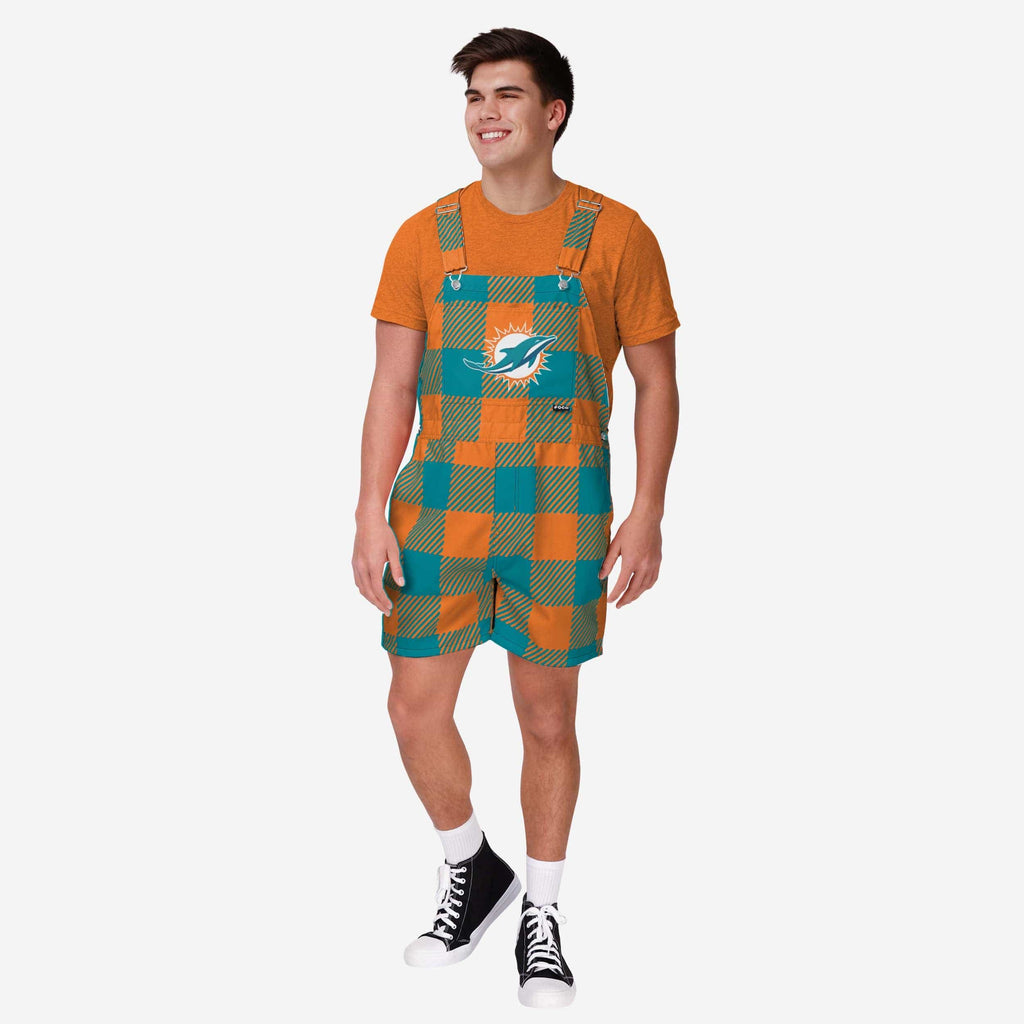 Miami Dolphins Mens Plaid Bib Shortalls FOCO