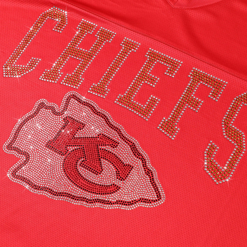 Kansas City Chiefs Womens Rhinestone Logo Oversized V-Neck Mesh T-Shir FOCO