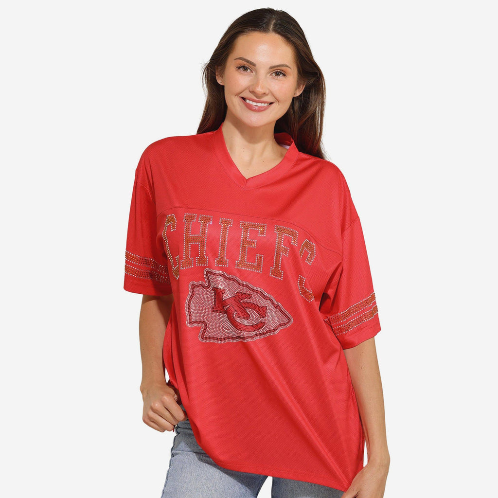 Kansas City Chiefs Womens Rhinestone Logo Oversized V-Neck Mesh T-Shir FOCO