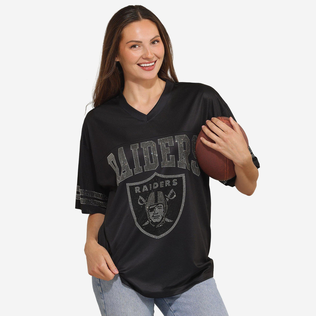 Las Vegas Raiders Womens Rhinestone Logo Oversized V-Neck Mesh T-Shirt FOCO