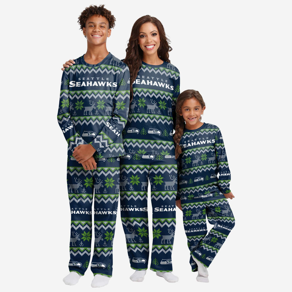 Seattle Seahawks Youth Ugly Pattern Family Holiday Pajamas FOCO