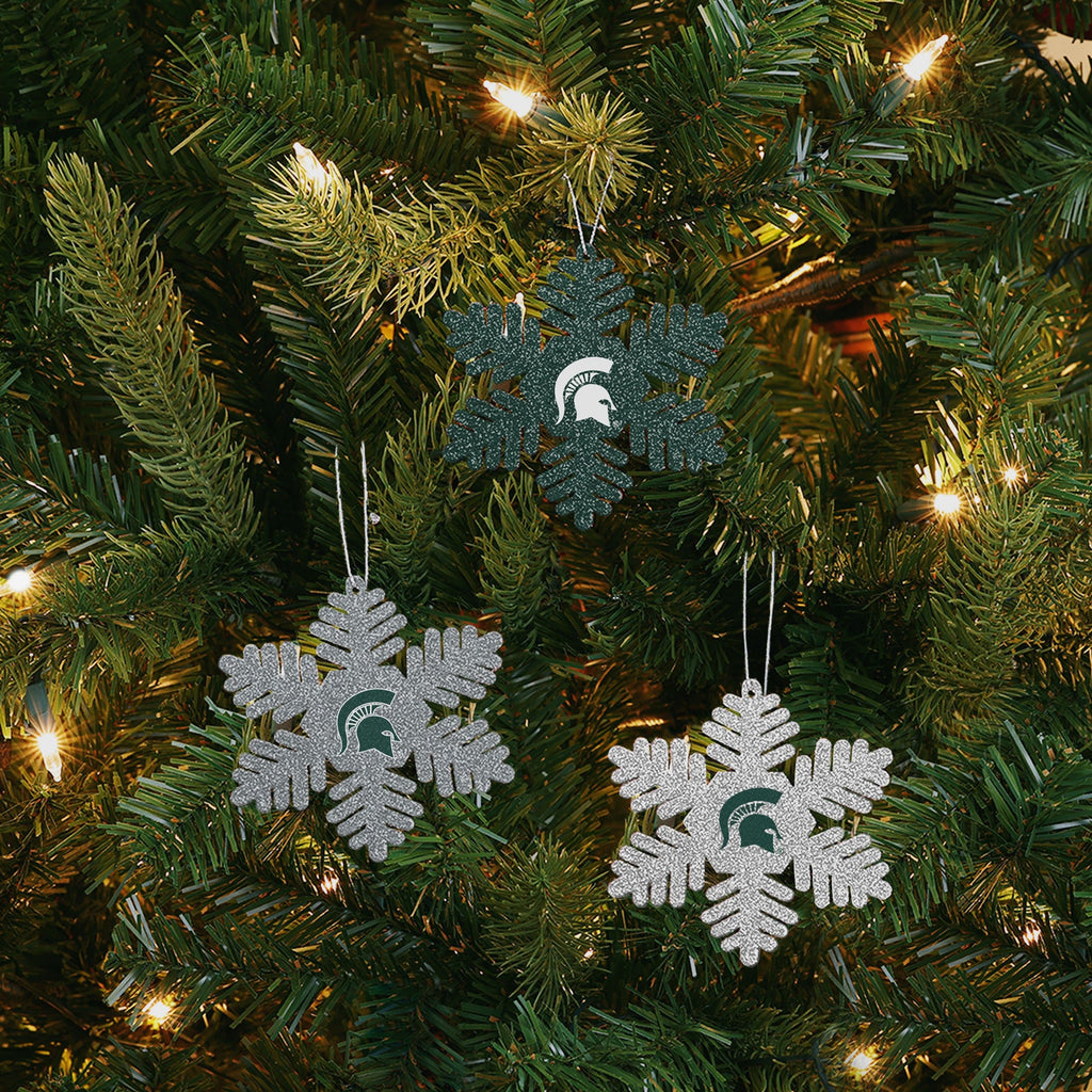 Michigan State Spartans 3 Pack Metal Glitter Snowflake Ornament FOCO