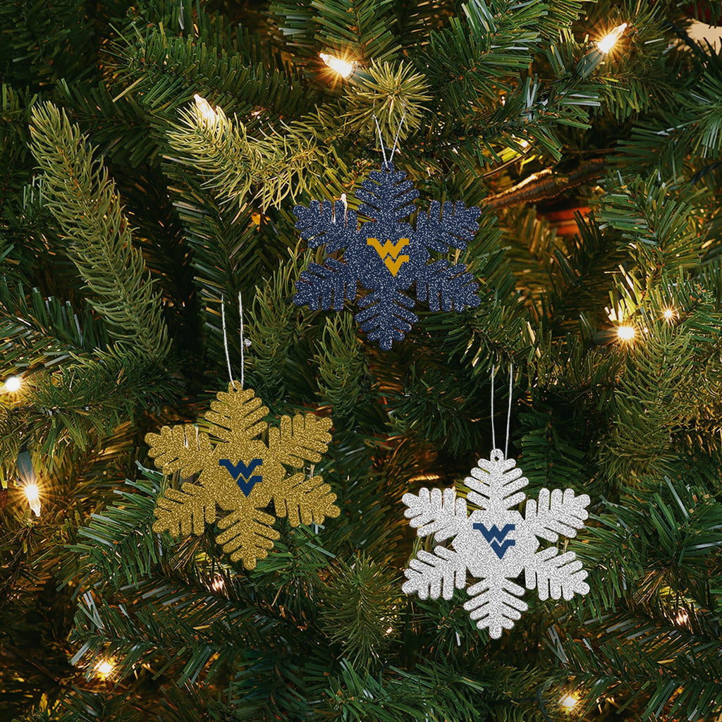 West Virginia Mountaineers 3 Pack Metal Glitter Snowflake Ornament FOCO