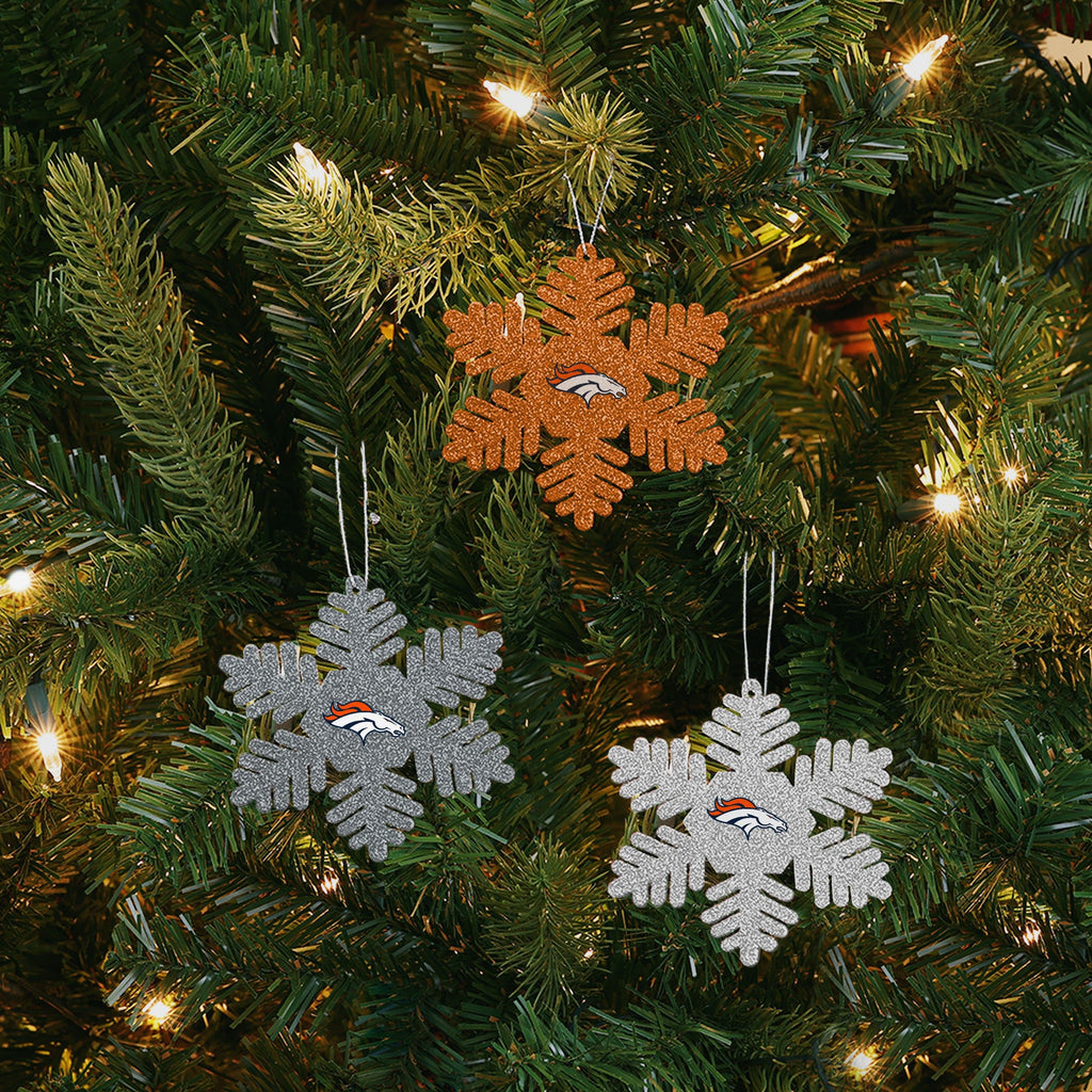 Denver Broncos 3 Pack Metal Glitter Snowflake Ornament FOCO