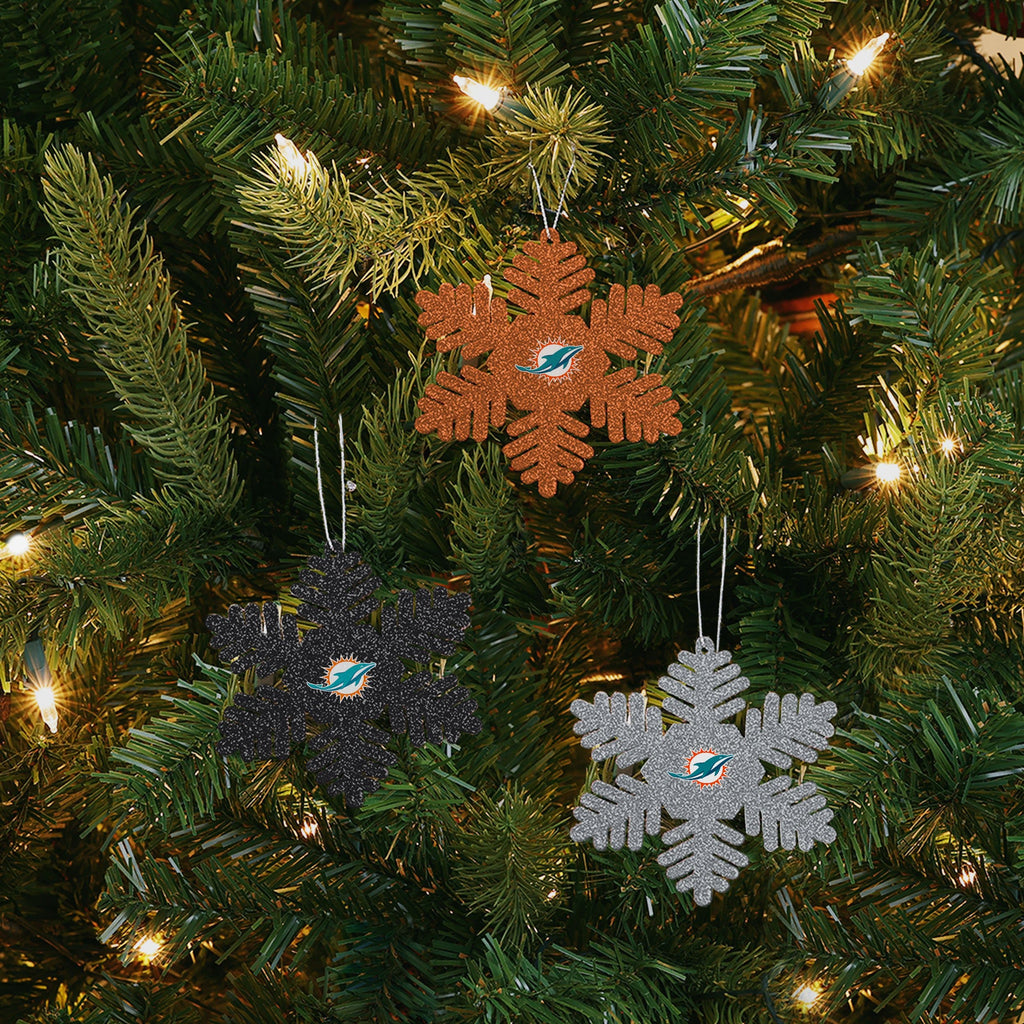 Miami Dolphins 3 Pack Metal Glitter Snowflake Ornament FOCO