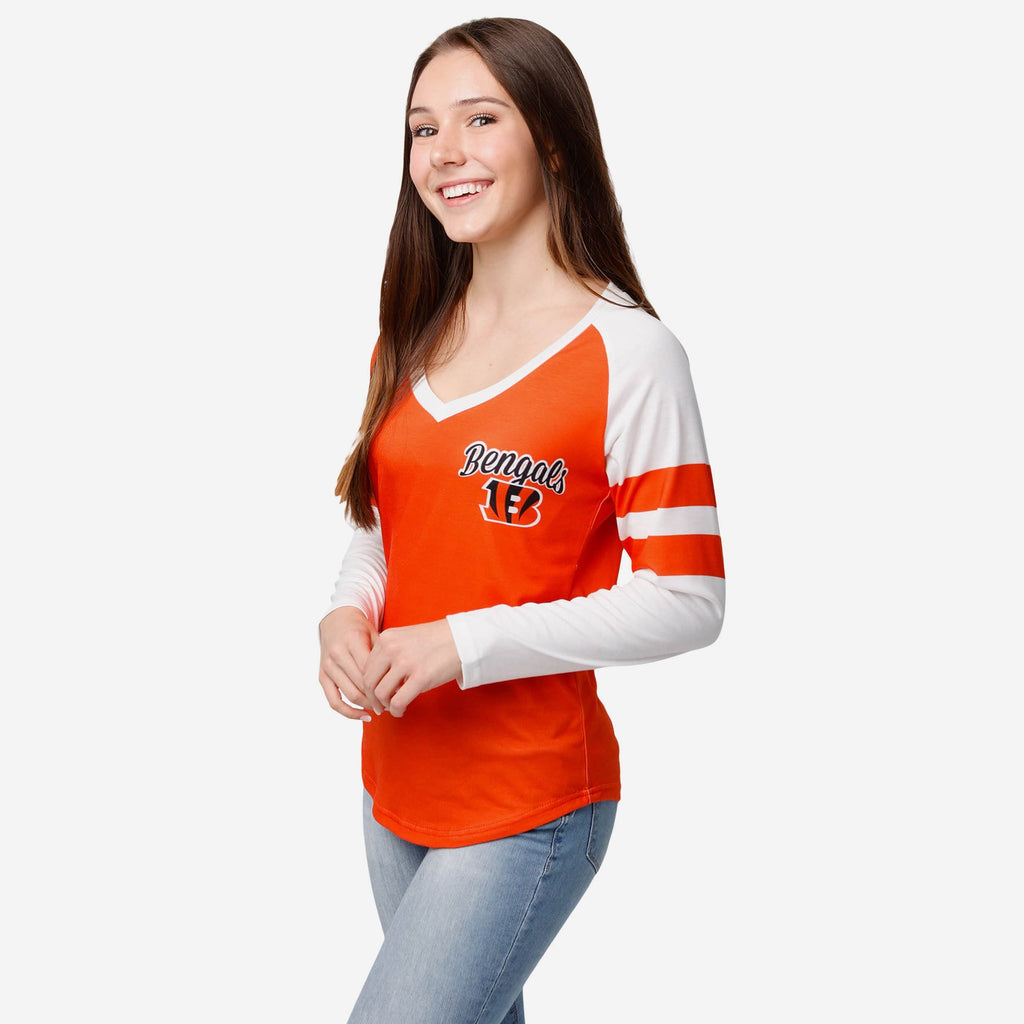 Cincinnati Bengals Womens Script Wordmark Striped Sleeve Raglan Shirt FOCO