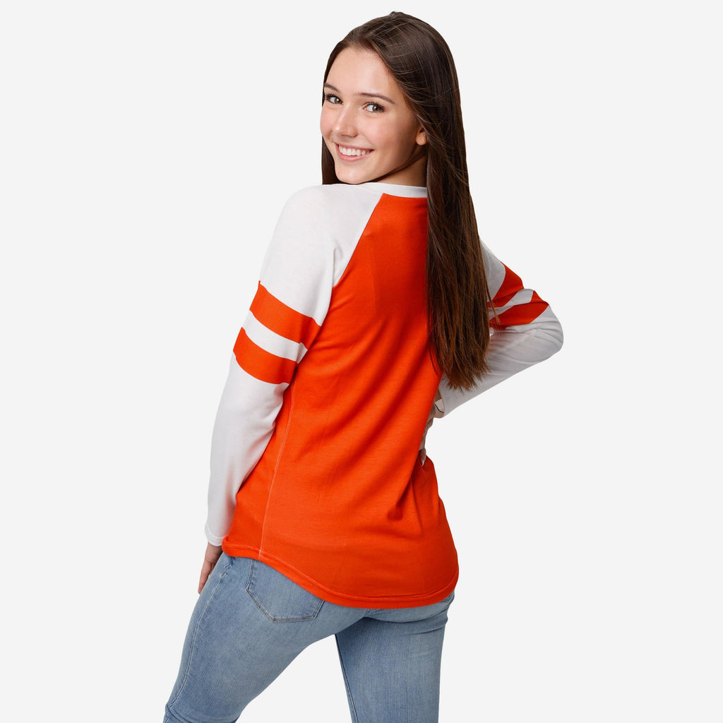 Cincinnati Bengals Womens Script Wordmark Striped Sleeve Raglan Shirt FOCO