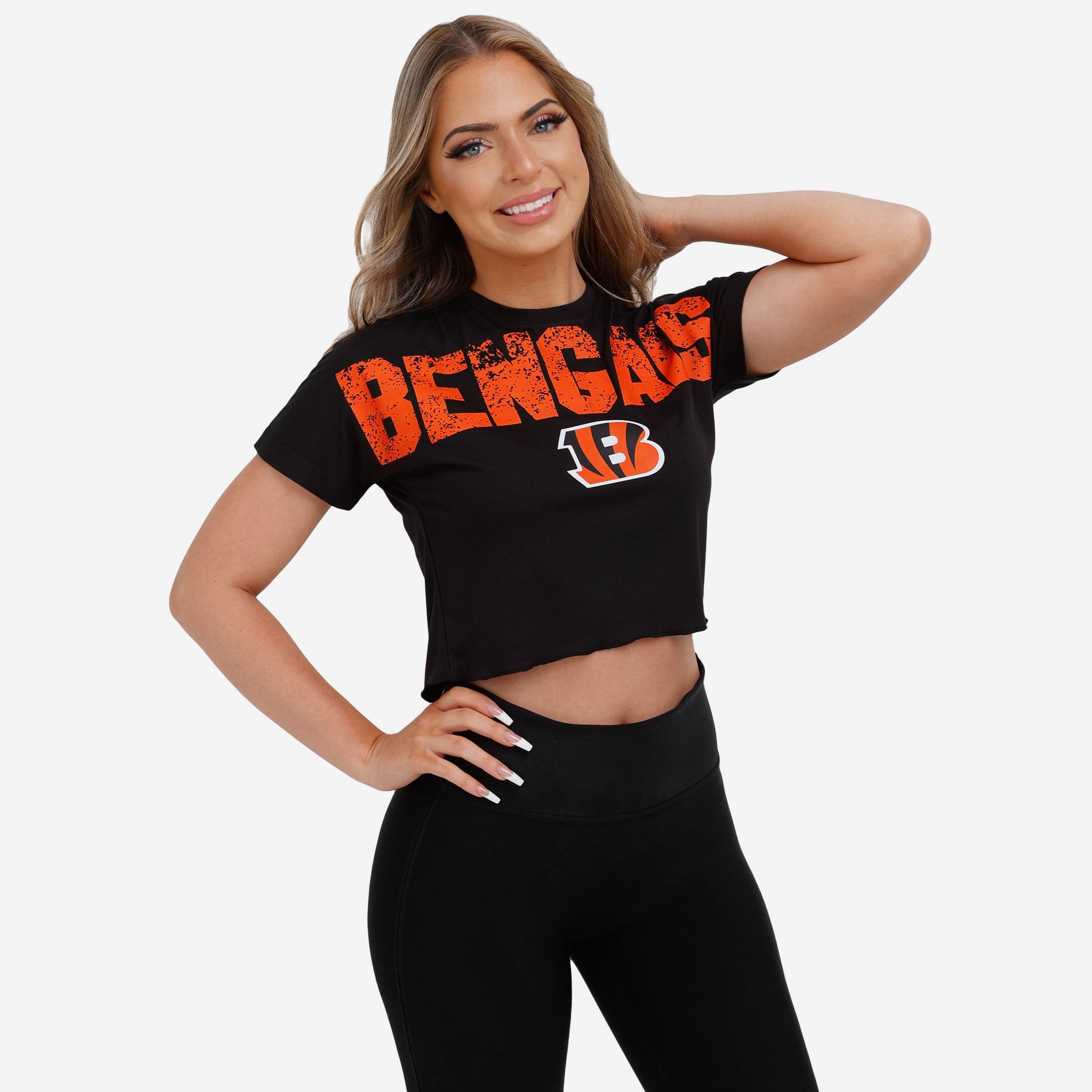 Cincinnati Bengals Womens Petite Distressed Wordmark Crop Top FOCO